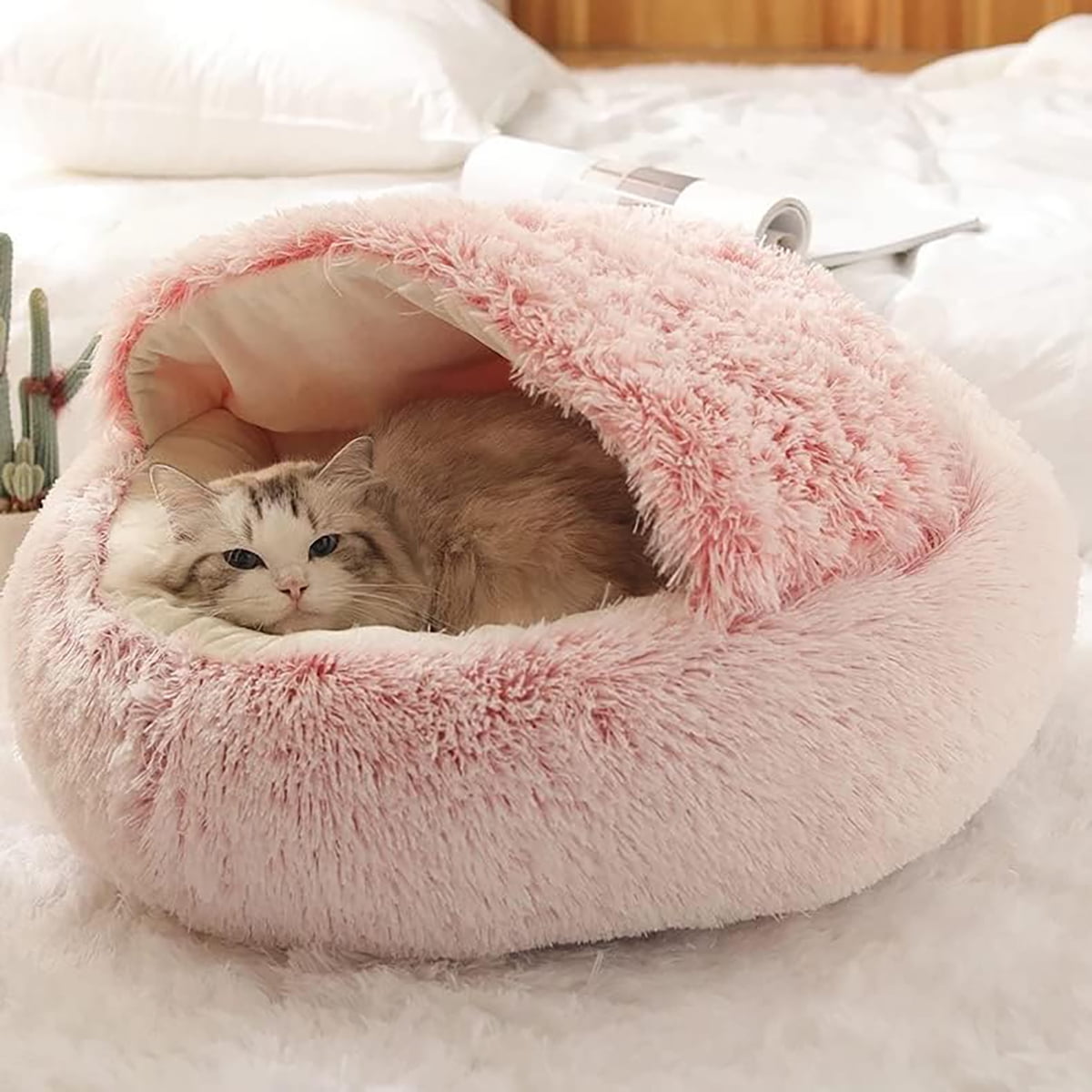 Cat Bed Round Plush Fluffy Hooded Cat Bed Cave, Cozy for Indoor Cats or ...