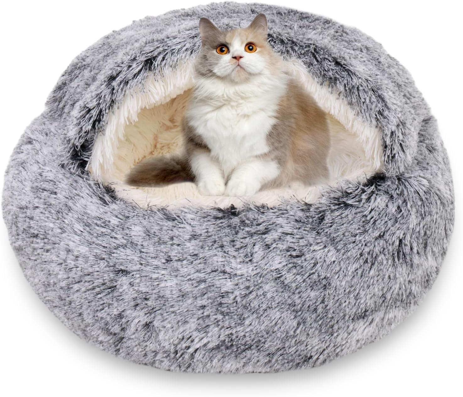 Cat Bed Round Plush Fluffy Hooded Cat Bed Cave, Cozy for Indoor Cats or ...