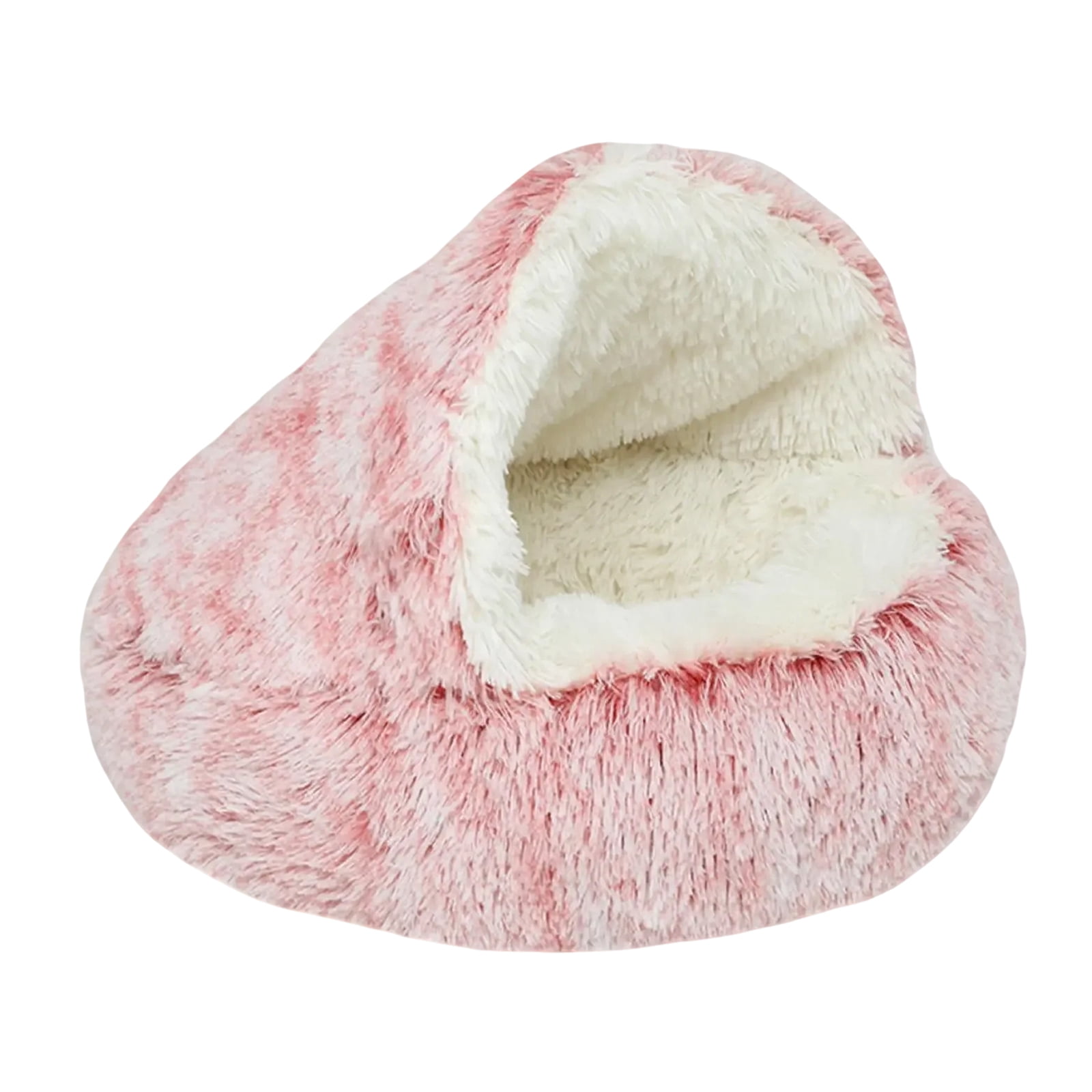 Cat Bed Round Plush Fluffy Hooded Cave, Plush Hooded Cat Bed Cozy Cat ...