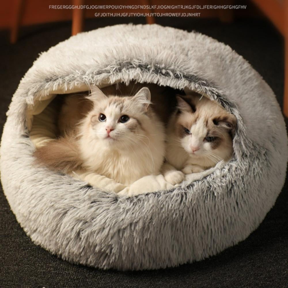 Cat Bed Round Soft Plush Burrowing Cave Hooded Pet Bed Donut for Dogs ...
