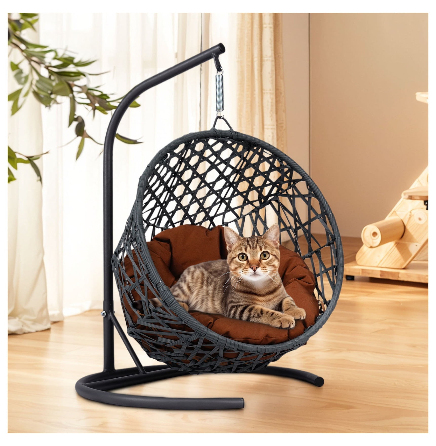 Cat Bed with Stand & Cushion, Cat Egg Chair with Rattan Wicker ...