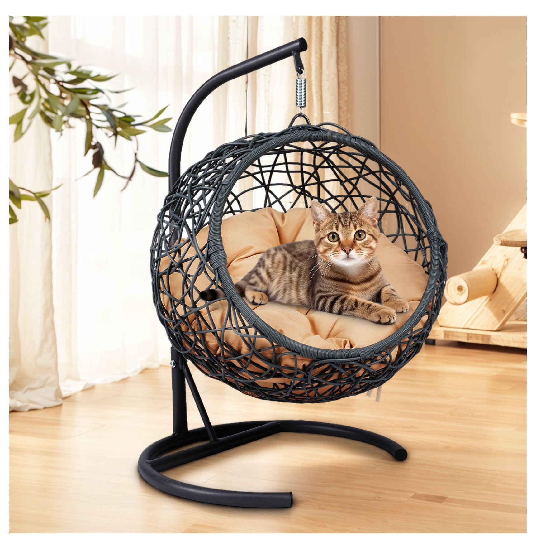 Cat Bed with Stand & Cushion, Cat Egg Chair with Rattan Wicker ...