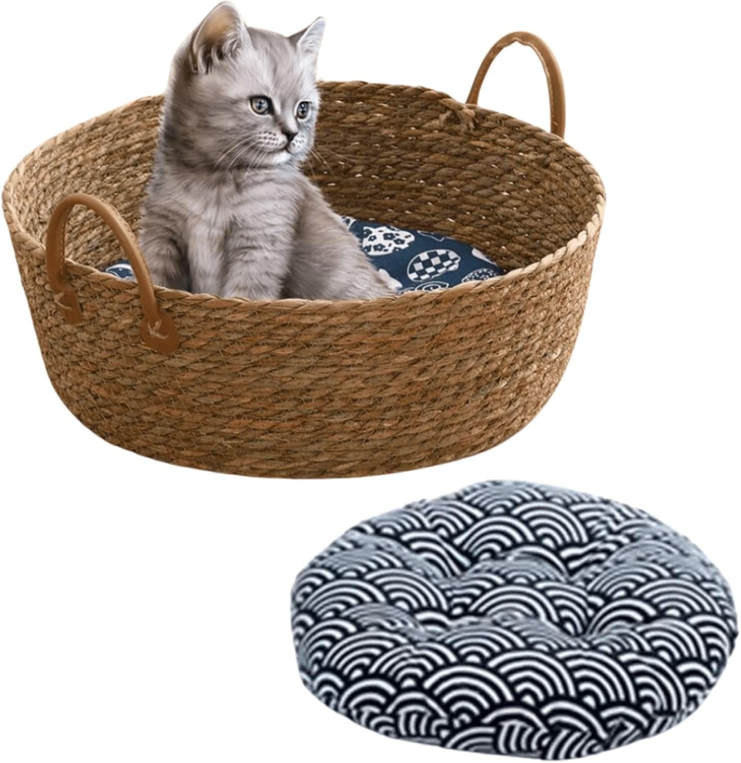 Cat Bed, Straw Woven Cat Baskets Bed, Round Wicker Cat Basket Nest, Non ...