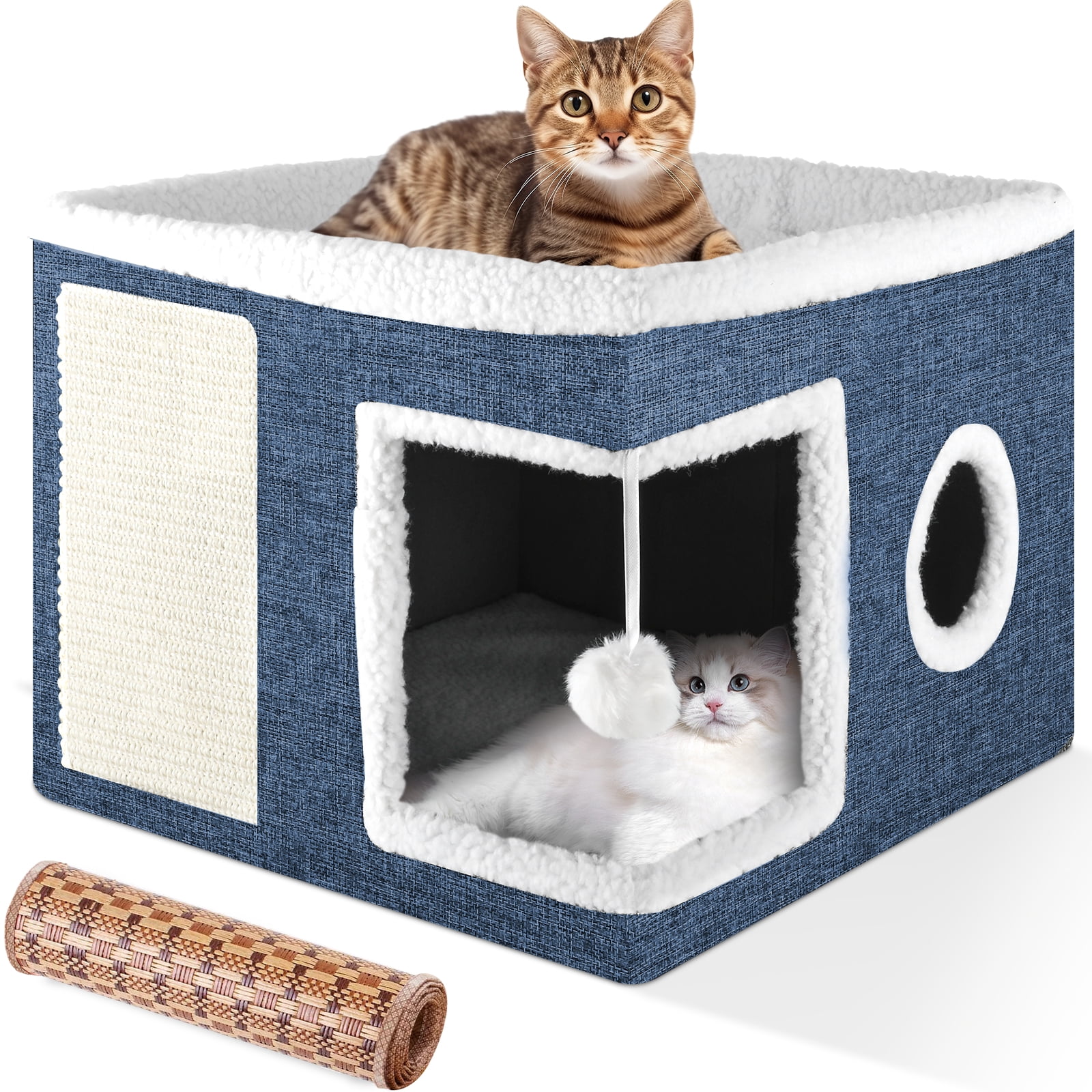 Cat Bed, YUWENUS Cat House for Indoor Cats with 2 Cushion, Large Cat ...