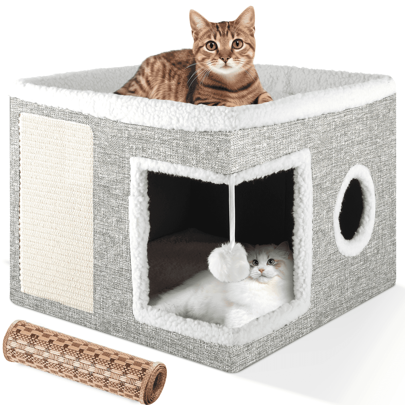 YUWENUS Cat House for Indoors, Large Cat Cave with Scratch Pad, 2 ...
