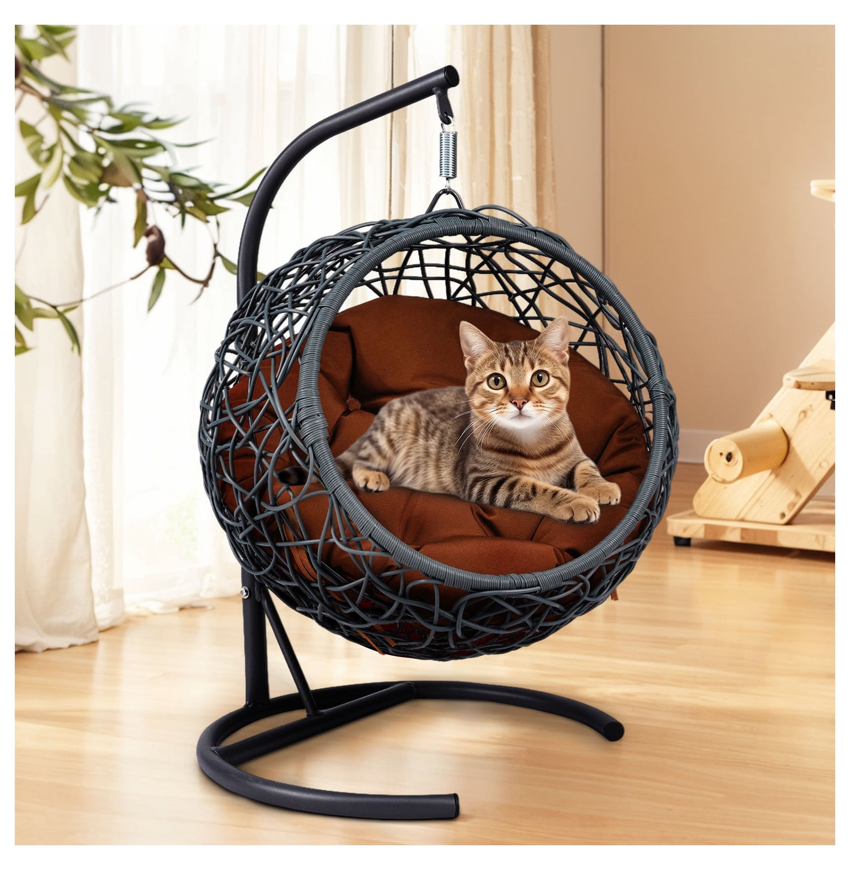 Cat Bed with Stand & Cushion, Rattan Wicker Cat Egg Chair, Indoor ...