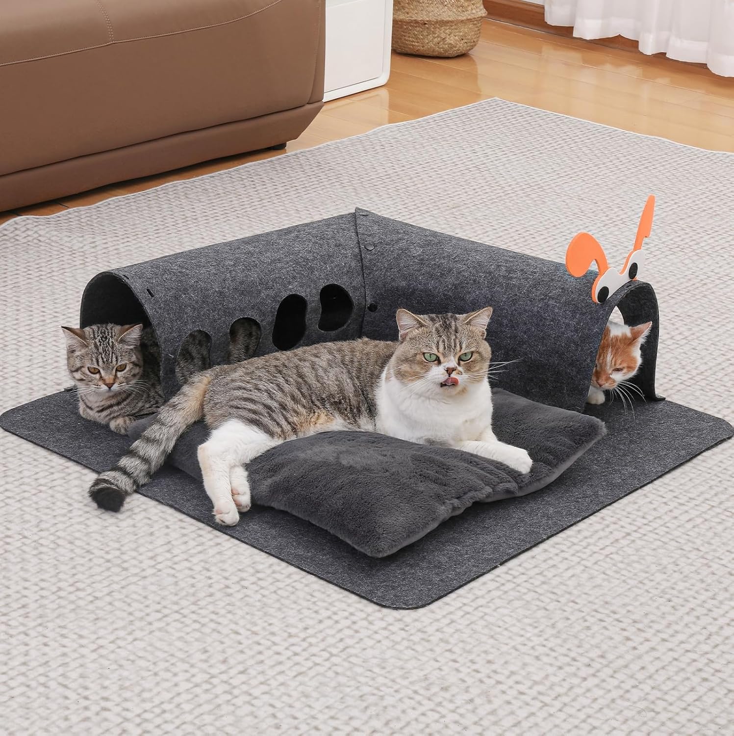Cat Bed with Tunnel,32 Inch Cat Cave Bed with Double-Sided Mat ...