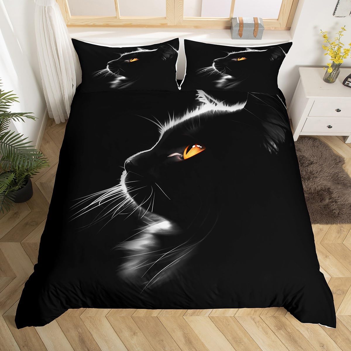 Cat Bedding Set 3 Piece Black Cat Duvet Cover,Soft Microfiber Comforter ...
