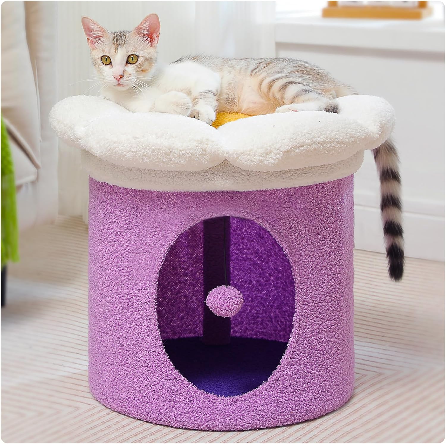 Cat Beds for Indoor Cats, Large Cat House with Removable Flower Cat Bed ...