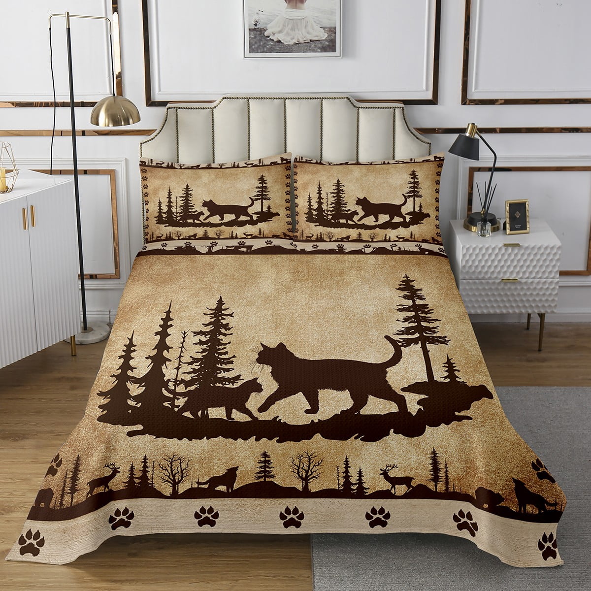 Cat Bedspread Set Twin Size,Retro Bear Elk Deer Hunting Animals Bedding ...