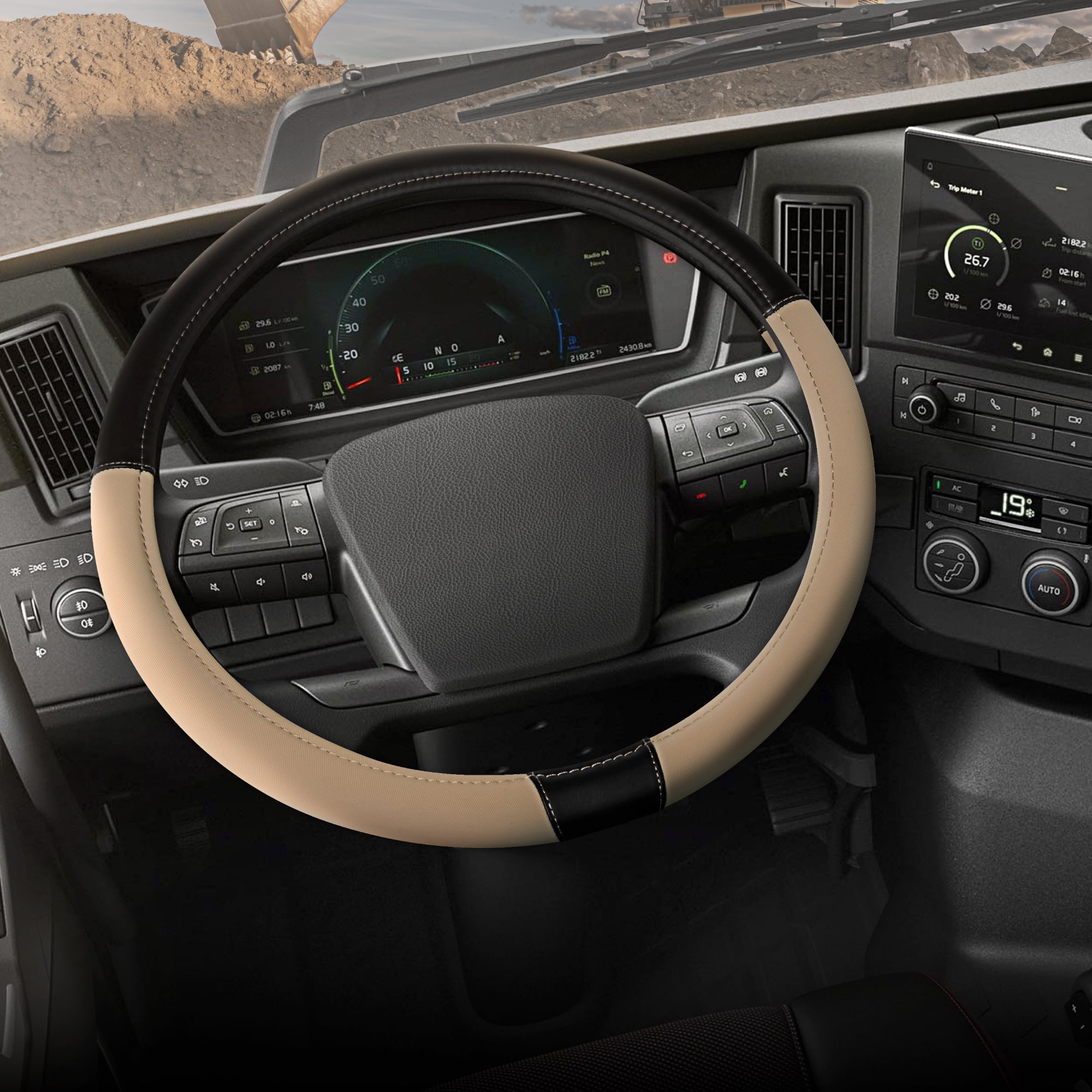 Cat® BigDrive Faux Beige/Black Leather Semi Truck Steering Wheel Cover ...
