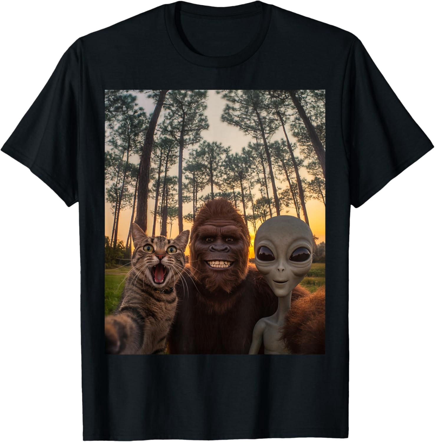 Cat Bigfoot Alien Selfie BFF Funny Photo With UFO T-Shirt - Walmart.com
