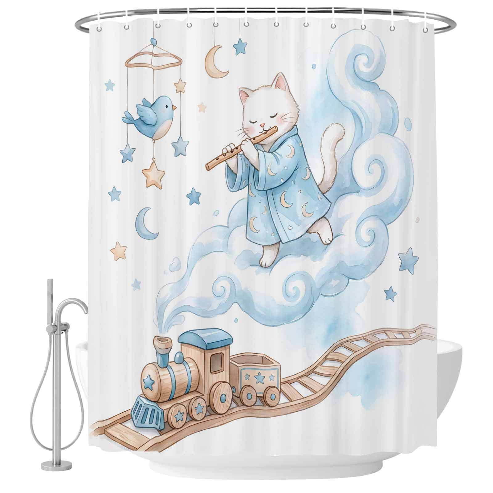 Cat Bird Shower Curtain for Bathroom, Dreamy Cloud Rail Orbiting Trains ...