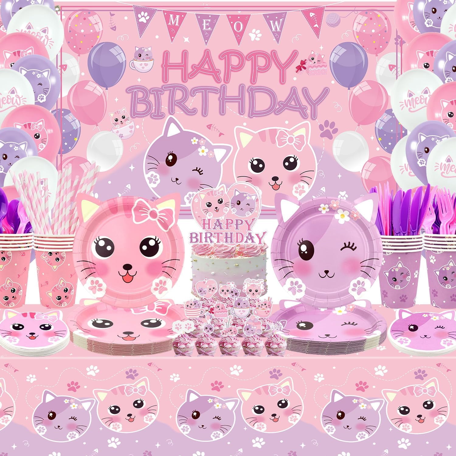 Cat Birthday Party Supplies Set, Kitten Tableware Includes Happy ...