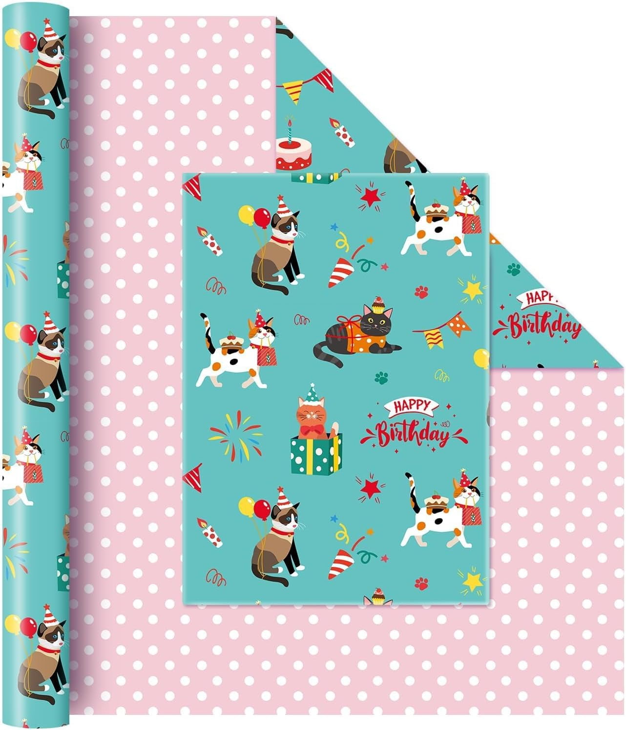 Cat Birthday Wrapping Paper Roll - 1 Roll 17” X 33 ft Cat Gift Wrapping ...