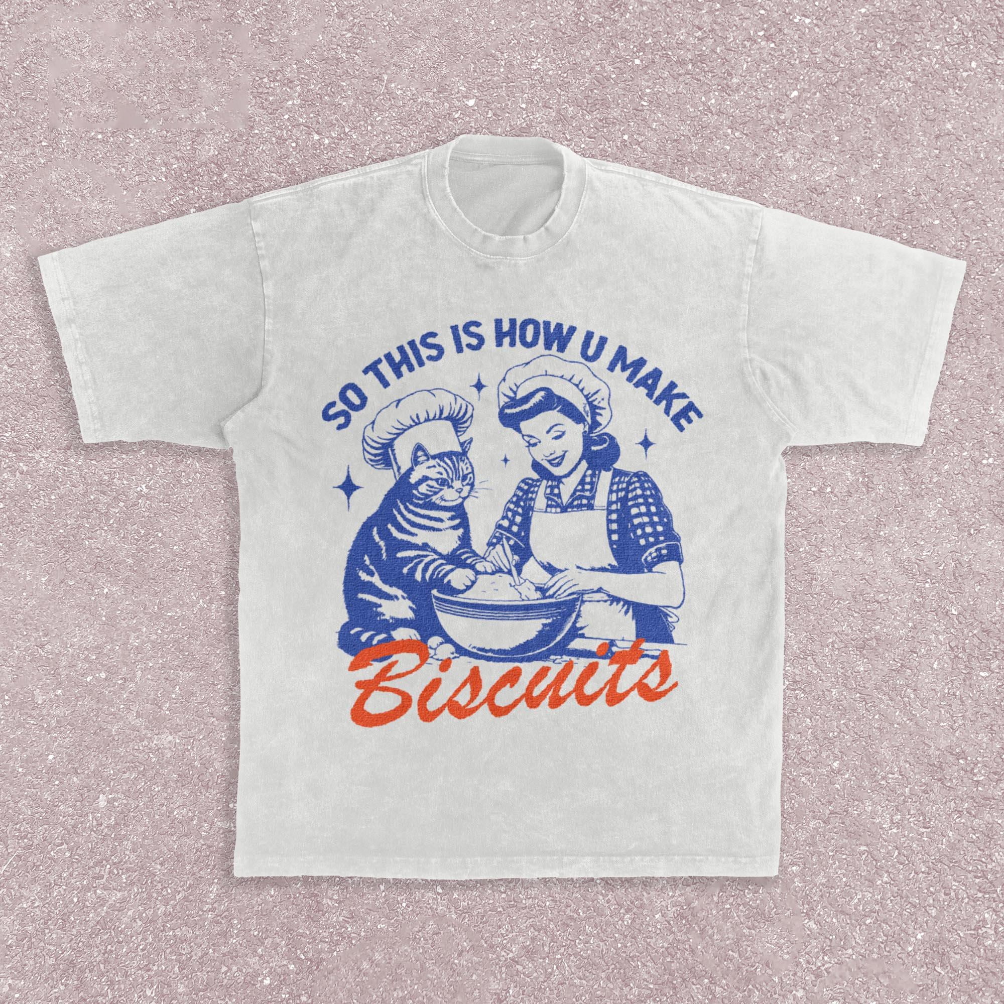 Cat Biscuit Making T-Shirt - Funny Style Graphic Tee - Retro Cat Meme ...
