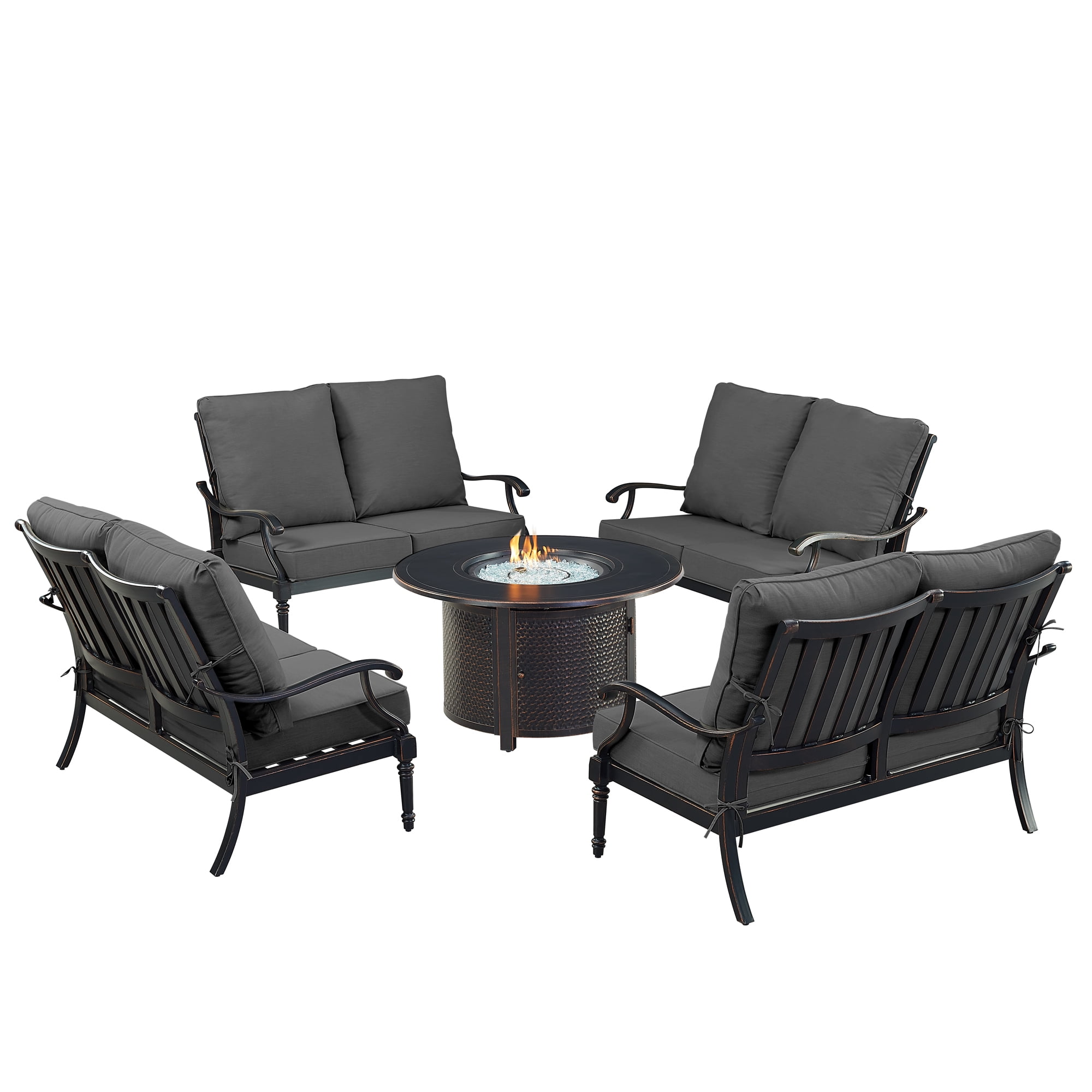 Black Aluminum Patio Fire Table Set with Four Deep Seating Loveseat ...