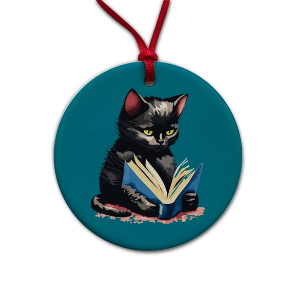 Cat Black Reading Book Reader Christmas Tree Holiday Round Ceramic ...