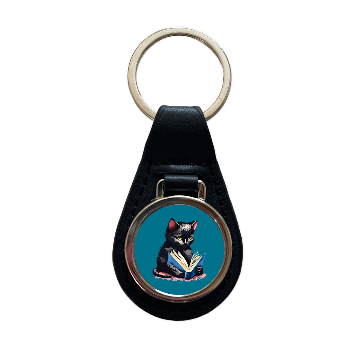 Cat Black Reading Book Reader Metal Black Leather Keychain - Walmart.com