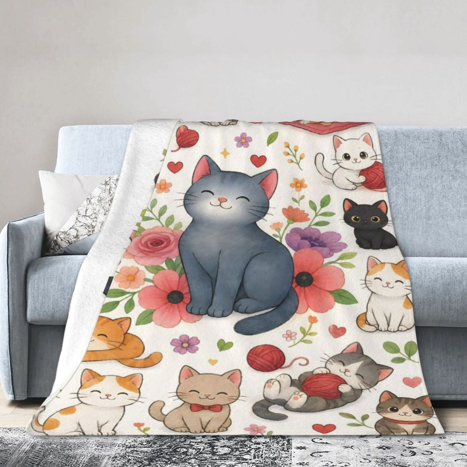 Cat Blanket Gift Throw Blanket Cute Watercolor Floral Kitty Gift for ...