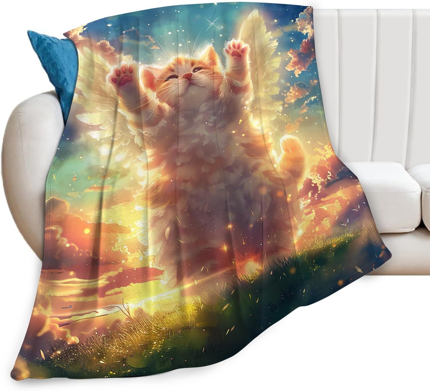 Cat Blanket Super Soft Warm Fluffy Flannel Cute Cat Cloud Wings Blanket ...
