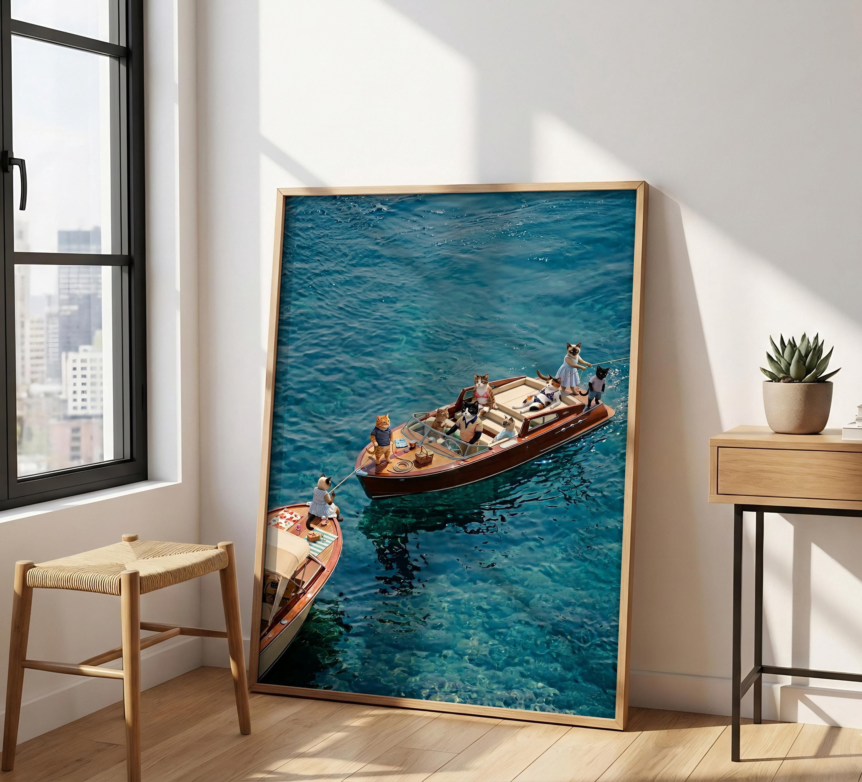 Cat Boat Print Slim Aarons Style Poster, Vintage Coastal Wall Art ...