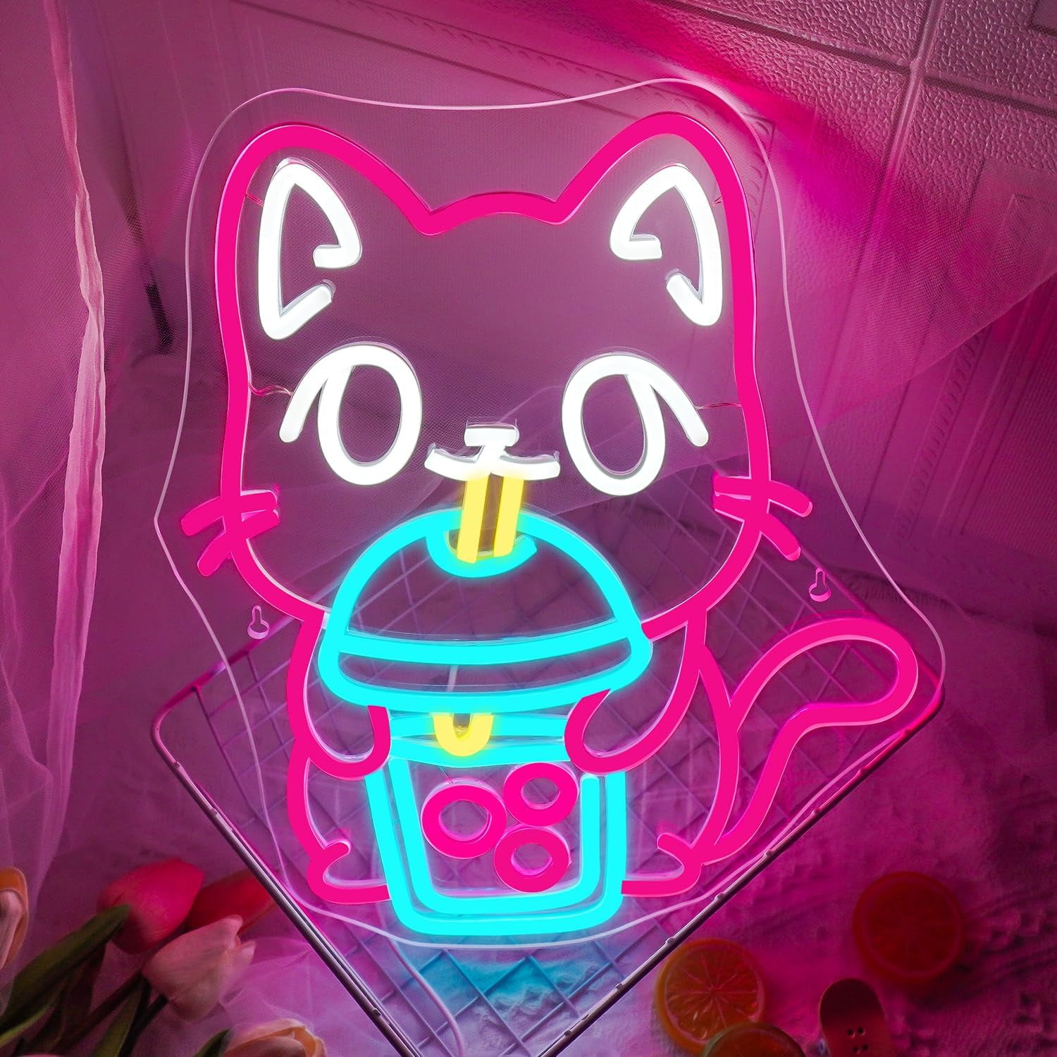 Cat Boba Tea Neon Sign, Cute Pink Kitty Bubble Tea Neon Signs for Wall ...