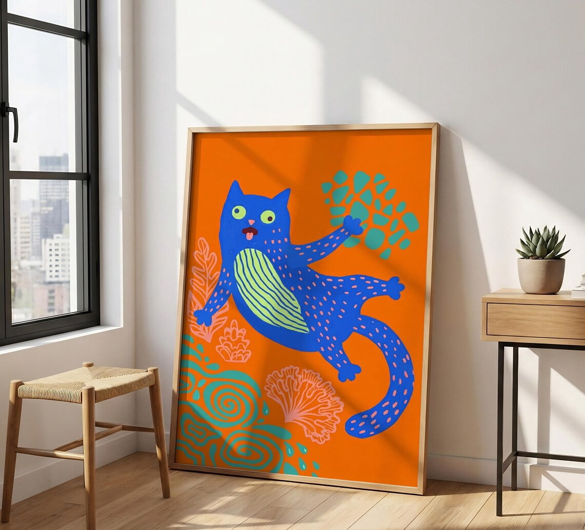 Cat Bold Blue Orange Nursery Quirky Feline Playful Animal Funky Cat ...