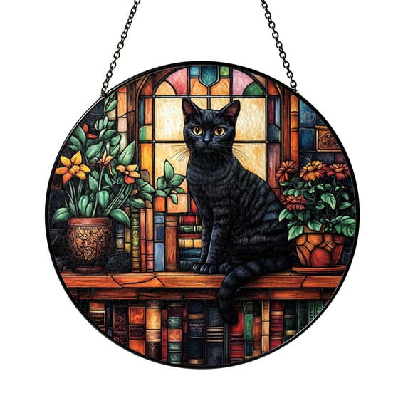 Cat Book Floral Scene Stained Glass Style Window Suncatcher, Decorative ...