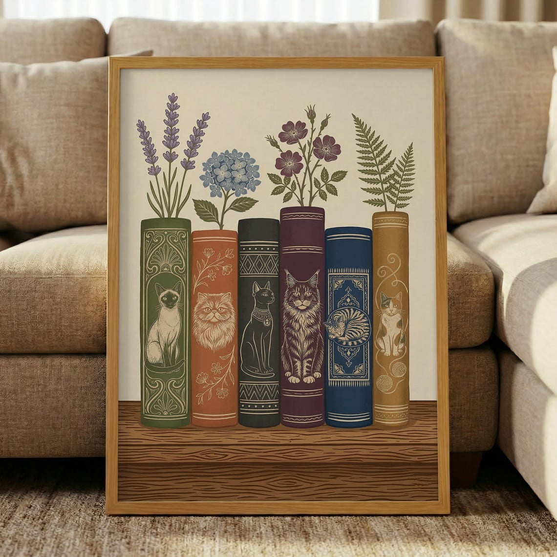 Cat Book Stack Vintage Botanical Folk Floral Bookish Dark Academia Cozy ...