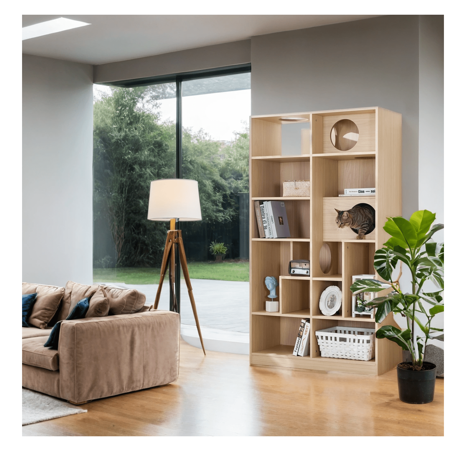 Cat Bookcase Furniture, Modern Cat Tree Shelves, Natural Wood Cat Tower ...