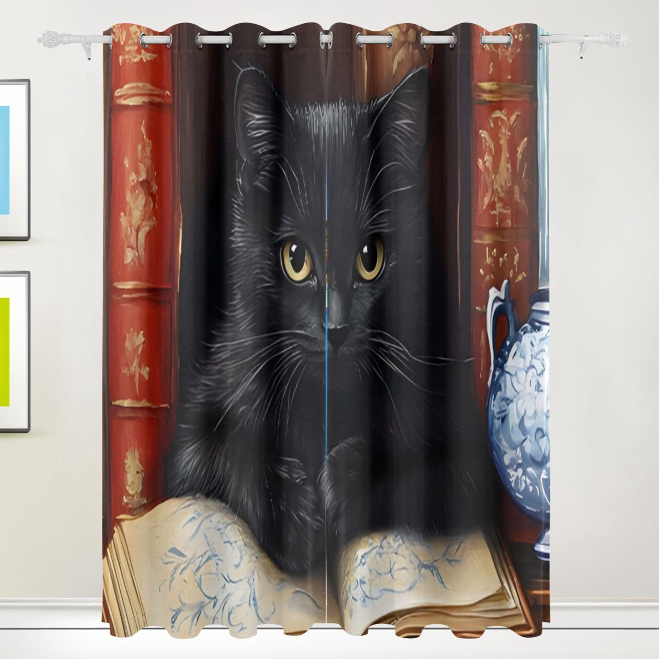 Cat Books Blackout Curtains 55W x 84L Living Room Bedroom Curtains Heat ...