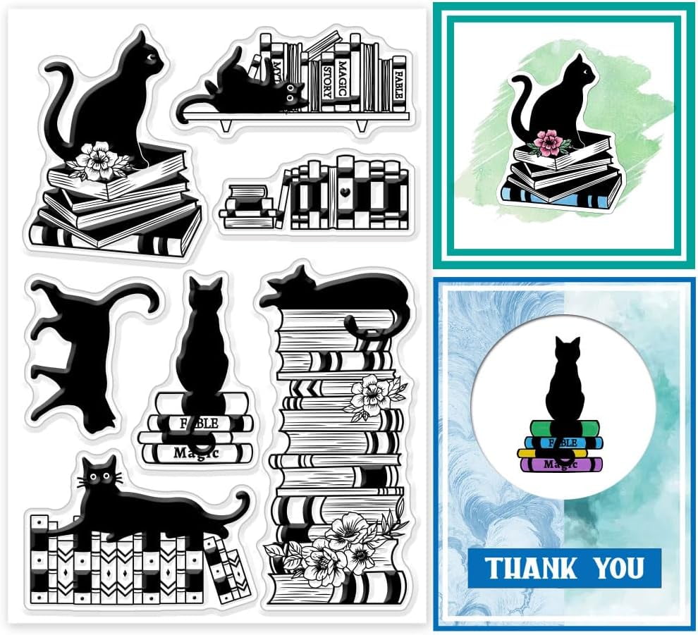 Cat Books Clear Stamps for Cards Making Kittens and Bookshelves ...
