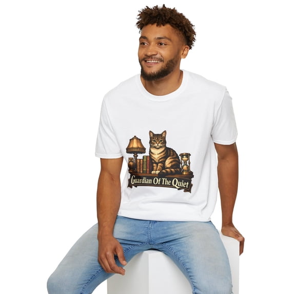 Cat Bookshelf Vintage Library Feline Retro Guardian Unisex Softstyle T ...