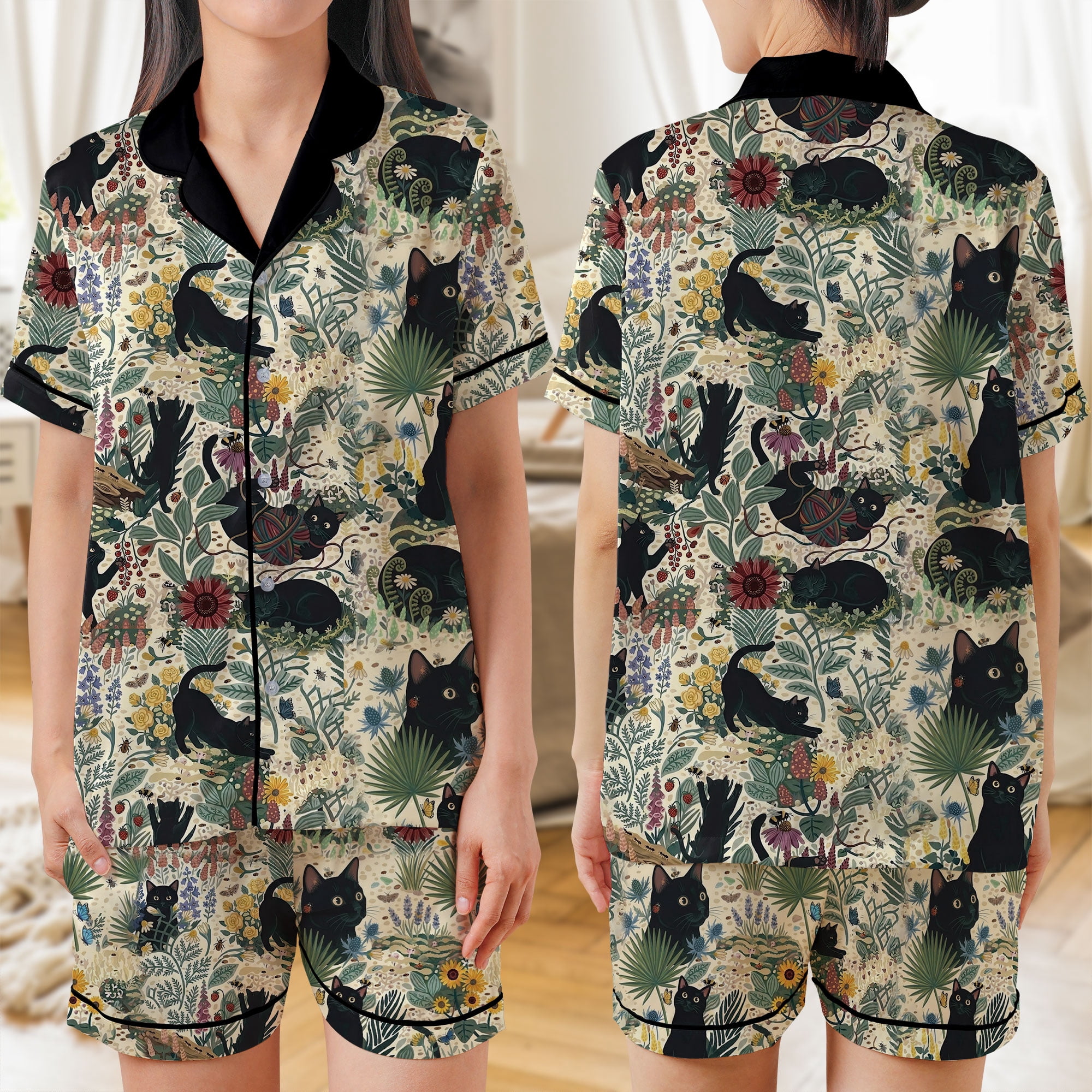 Cat Botanical Garden Floral Print Sleepwear, Cottagecore Cat Short ...