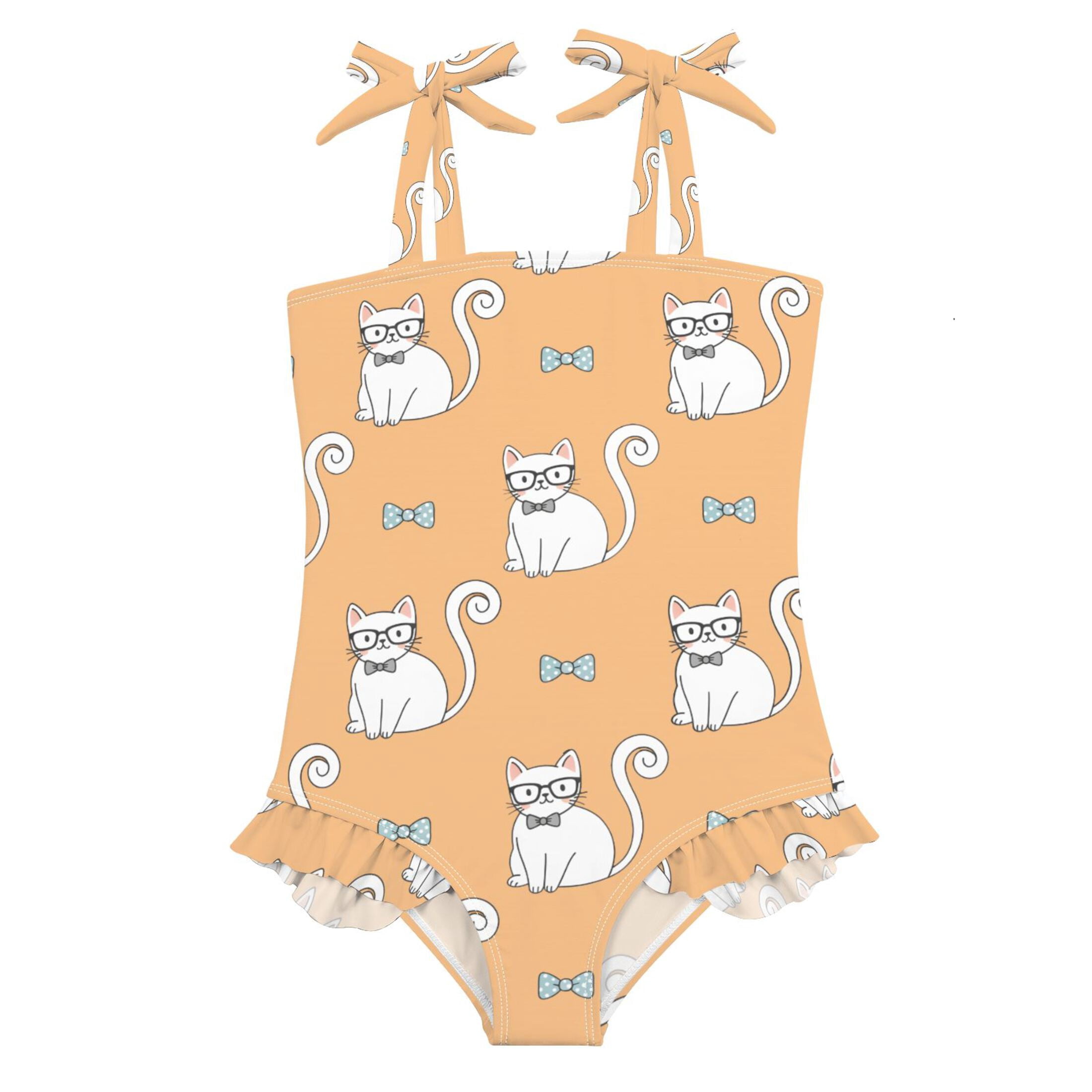 Cat Bow Girls' One-Piece Swimsuit Bowknot Tie Shoulder Ruffled Stretchy ...