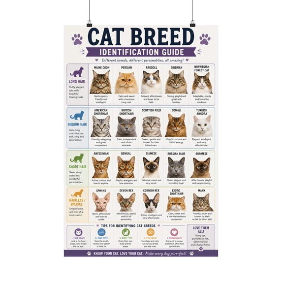 Cat Breed Identification Guide Wall Art Print, Unframed Paper Poster ...
