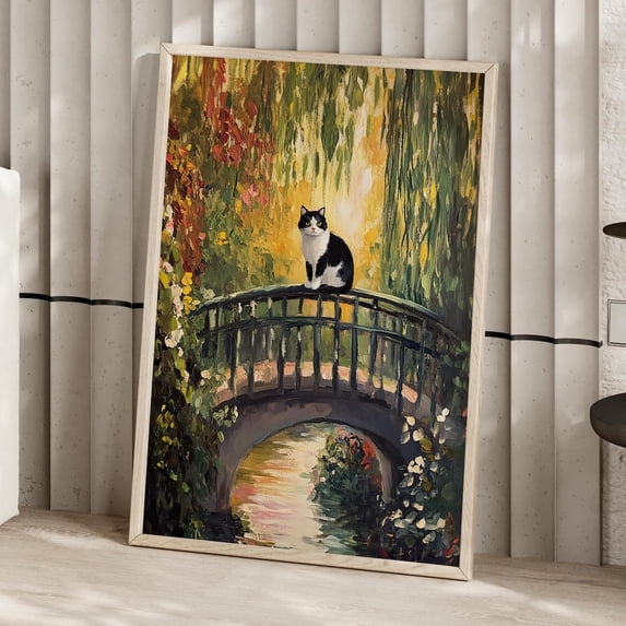 Cat Bridge Garden Wall Art Impressionist Floral Decor, Stretched Canvas ...