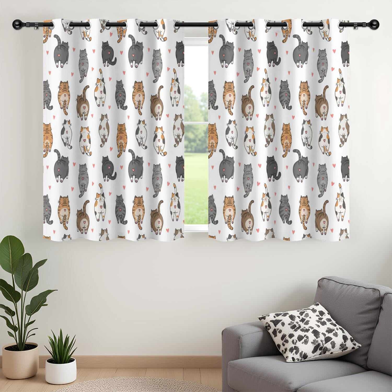 Cat Butt and Heart White Pattern Blackout Curtains,Triple Weaved Fabric ...