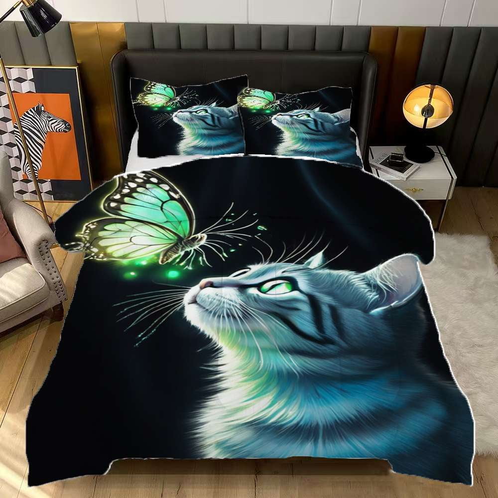 Cat Butterfly Dream Comforter Set Queen Size Bedding Set For Travl ...