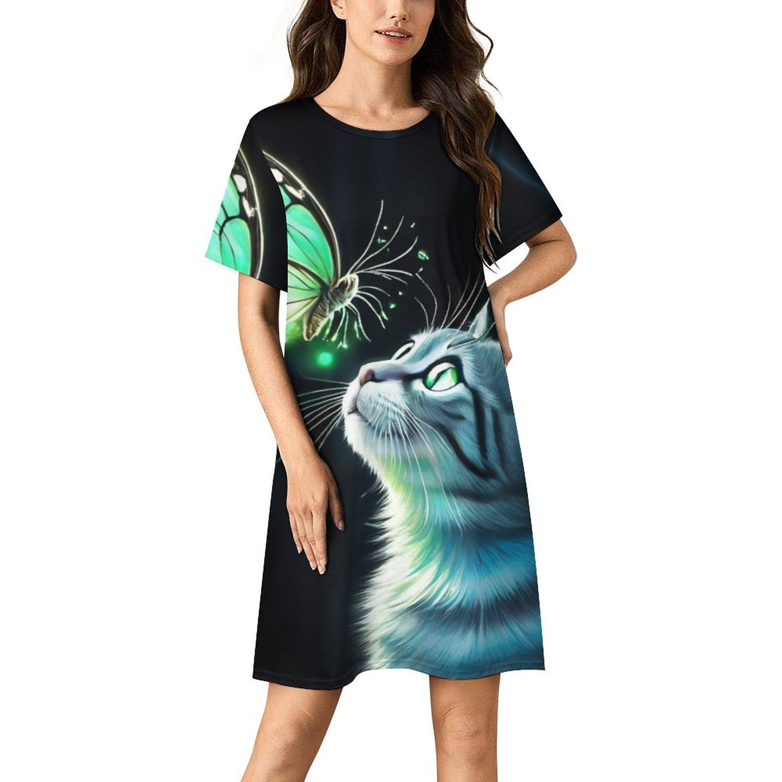 Cat Butterfly Dream Women Nightgown Sleepwear Short Sleeves For ...