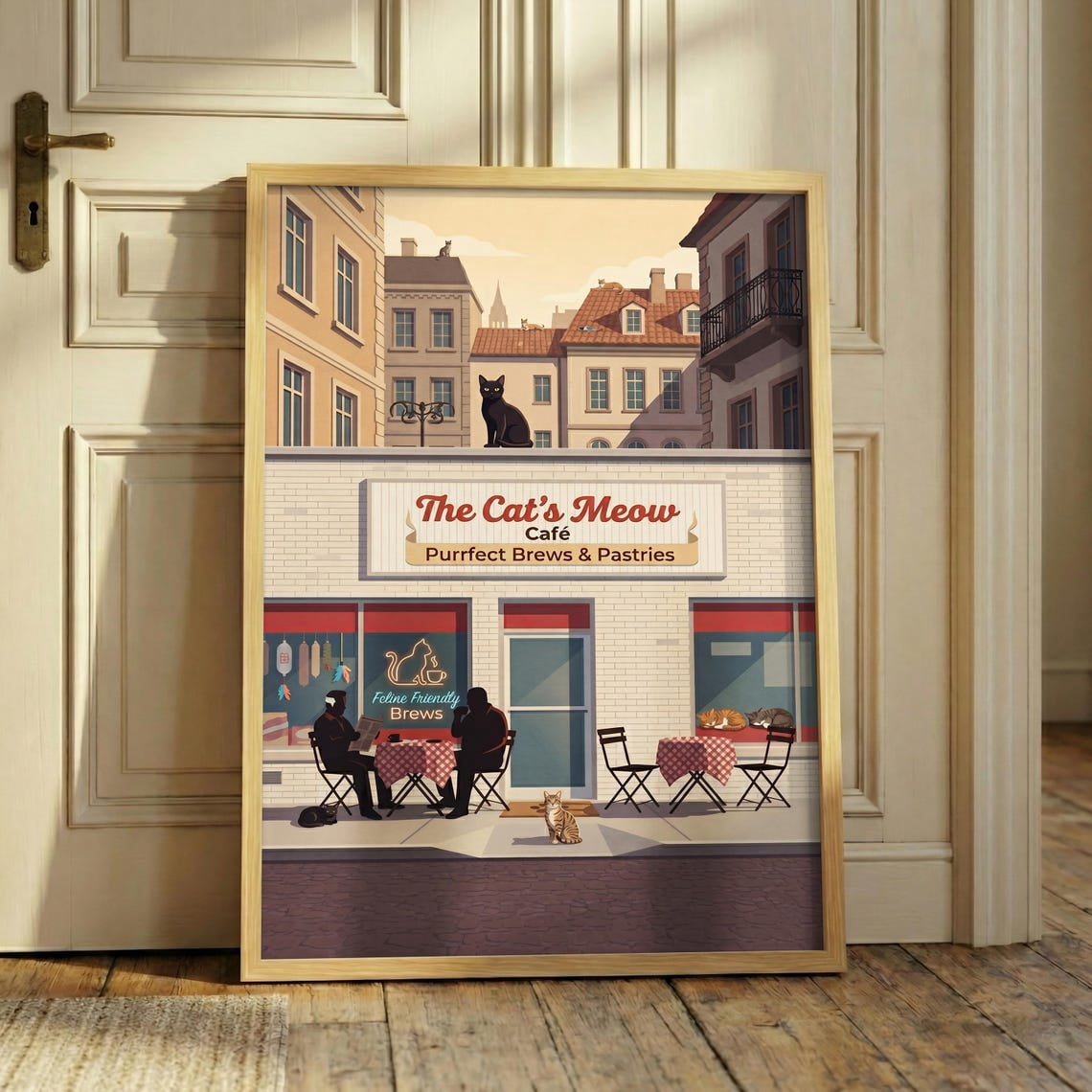 Cat Cafe Art Sopranos Inspired Retro Cityscape Decor Feline Coffee Shop ...