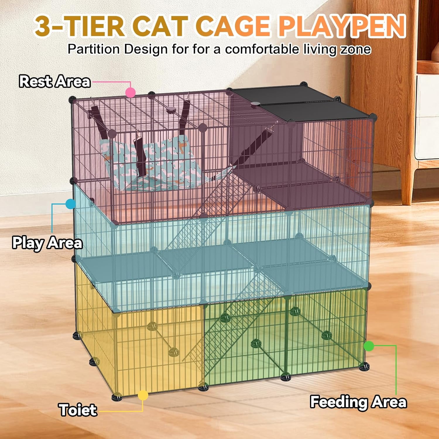Cat Cage, 3-Tier Cat Enclosures Catio, Cat Playpen Indoor & Outdoor ...