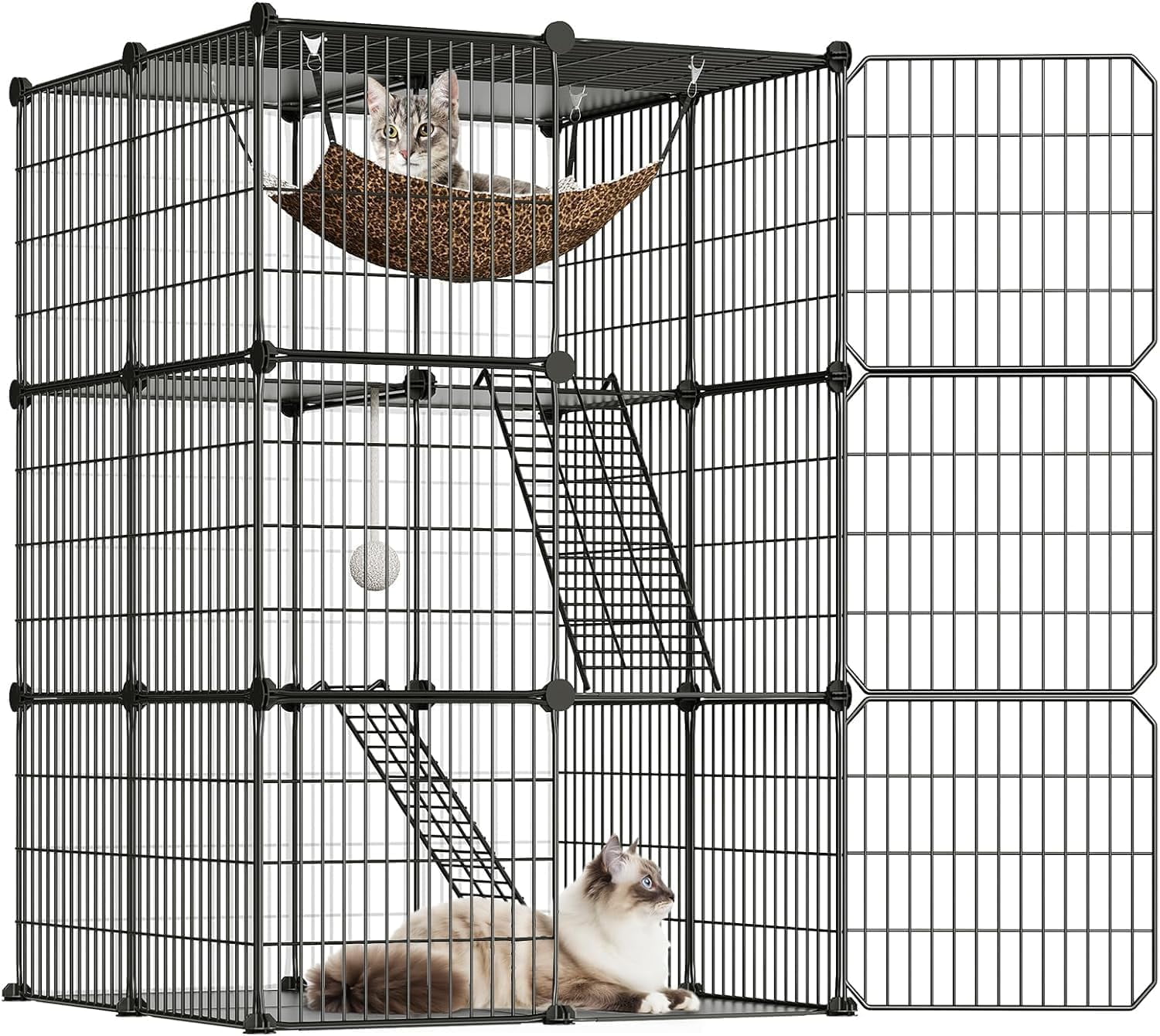Cat Cage, 3-Tier Indoor Cat Enclosures with Hammock and Hanging Balls ...