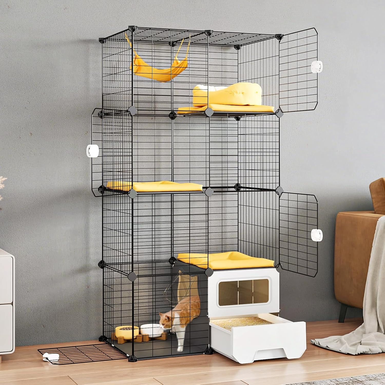 Cat Cage Indoor with Litter Box 3-Tier DIY Cat Detachable Metal Wire ...