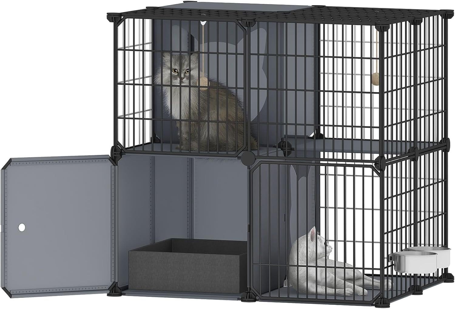 Cat Cage with Litter Box, 2 Tier Cat Enclosure Indoor with Food Bowls ...