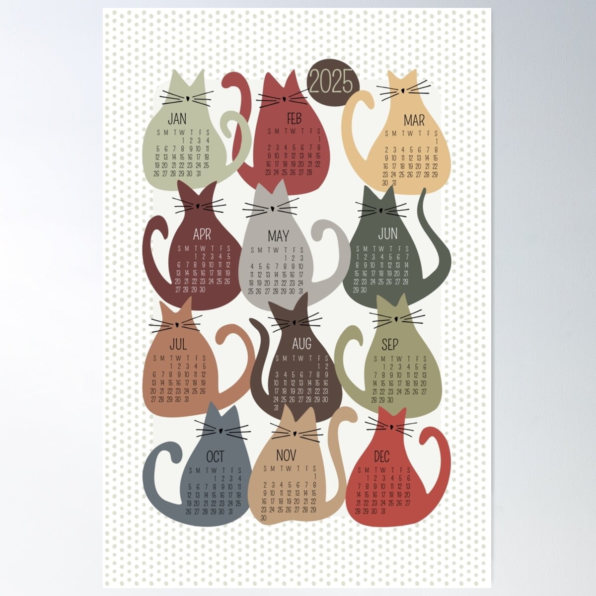 Cat Calendar 2025 - Earthy Milo Cat Poster Wall Art, Modern Wall Decor ...