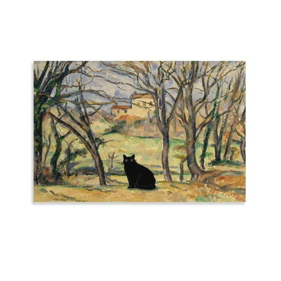 Cat Canvas Print - Cezanne Trees And Houses Fun Black Cat Wall Art ...