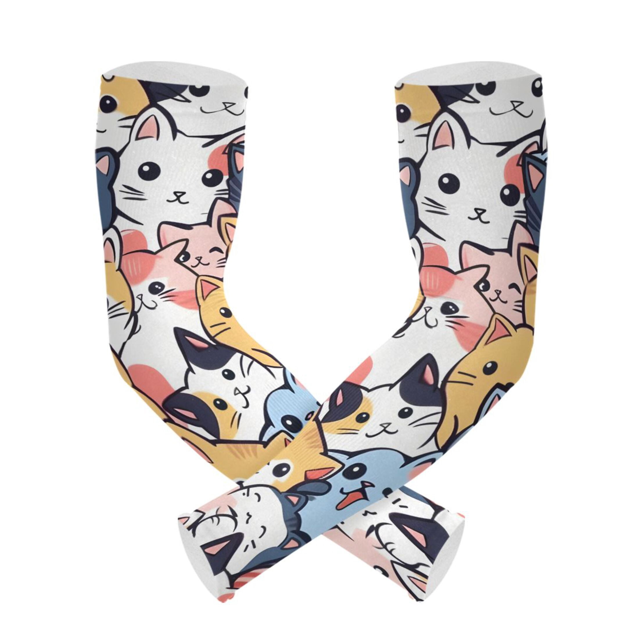 Cat Cartoon Pattern UV Protection Cooling Arm Sleeves, Compression Sun ...
