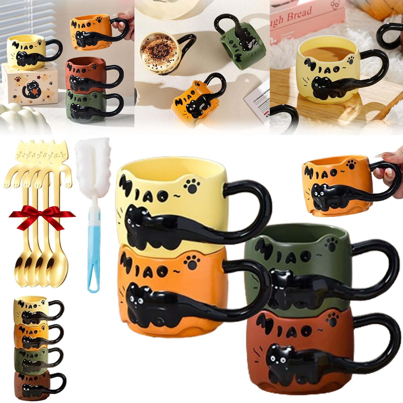 Cat Cat Stacked Cup, Cute Stackable Coffee Mugs 4 Styles Ceramic Coffee ...